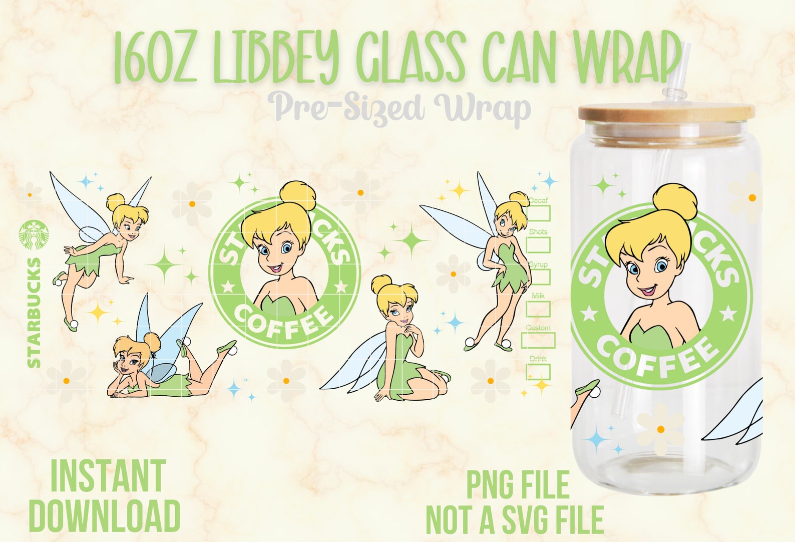 Tinkerbell Libbey Glass Wrap 16oz Libbey Glass Wrap 16oz PNG - Etsy