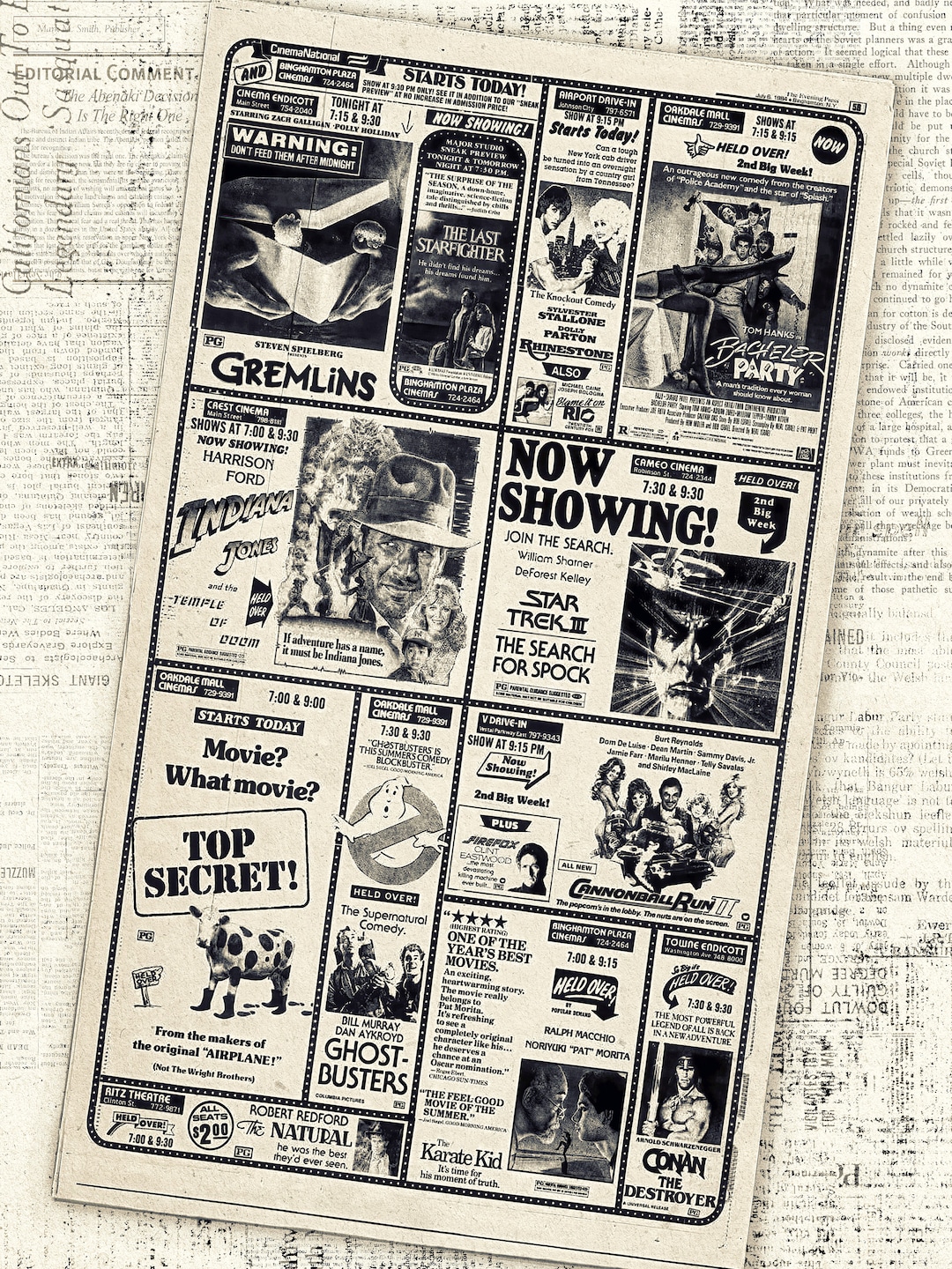 Retro Movie Listing Newspaper Poster, Gremlins, Conan, Indiana Jones ...