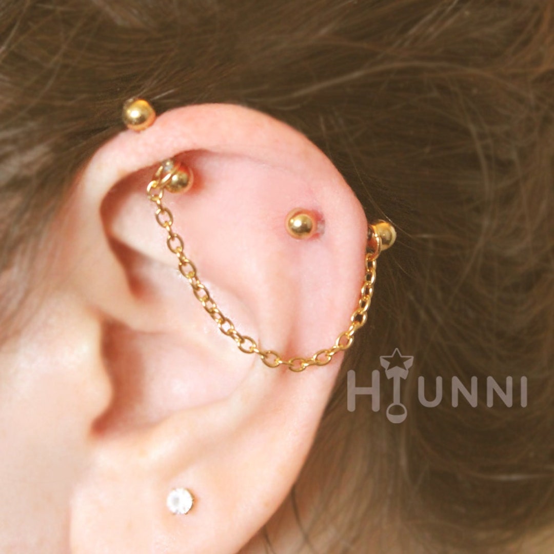 16g 14g Chain Industrial Piercing Earring, Chain Cartilage 2 Ear Studs ...
