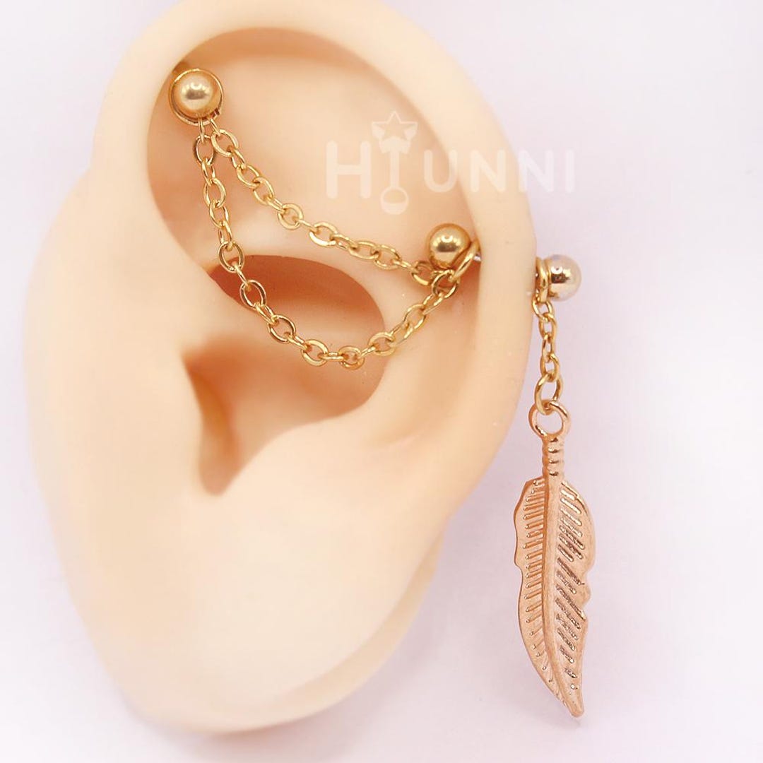 16g 14g Feather Double Chain Industrial Piercing Earring, Double Chain ...