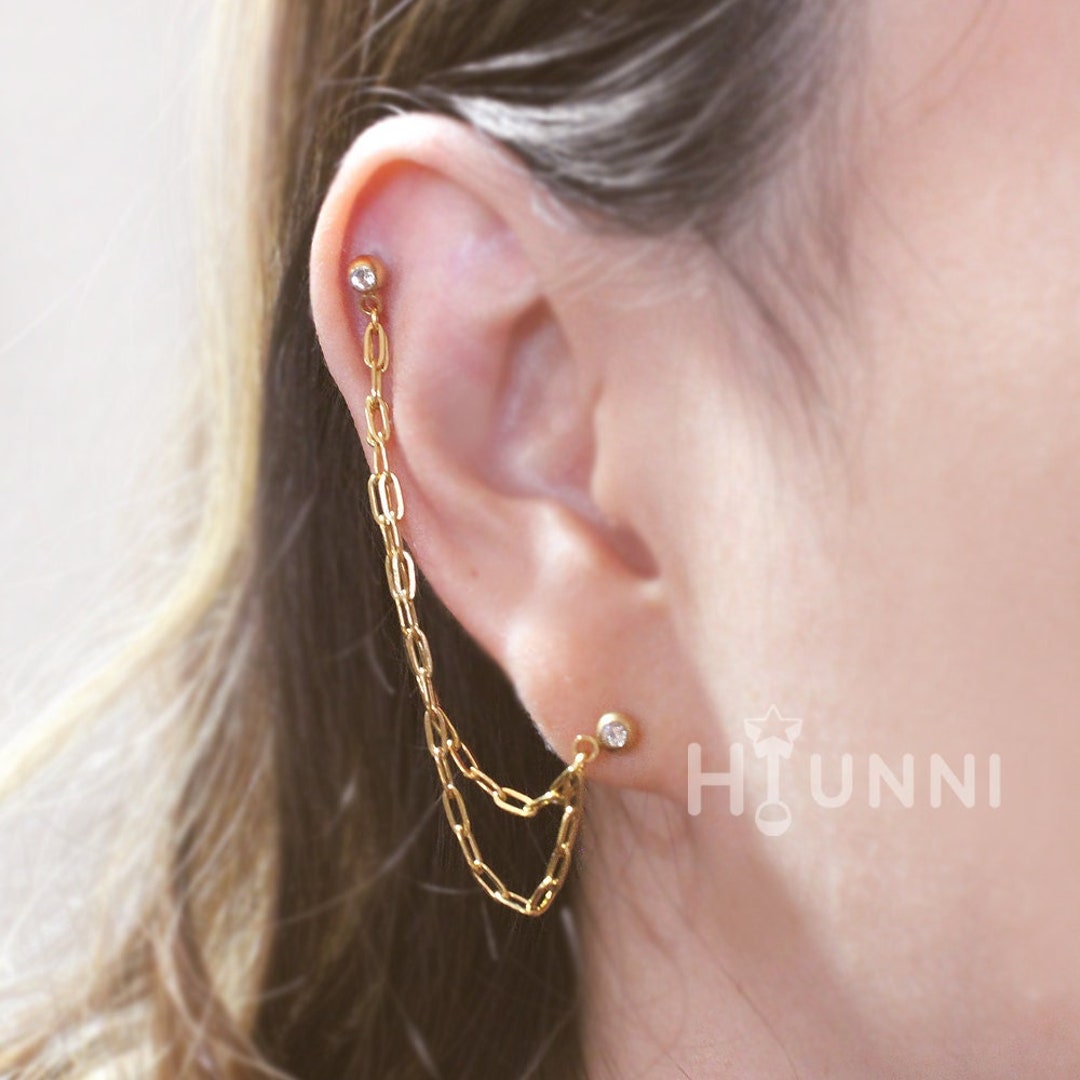 Handmade 20g, 16g Rectangle Helix Double Chain Cartilage Ear Studs ...