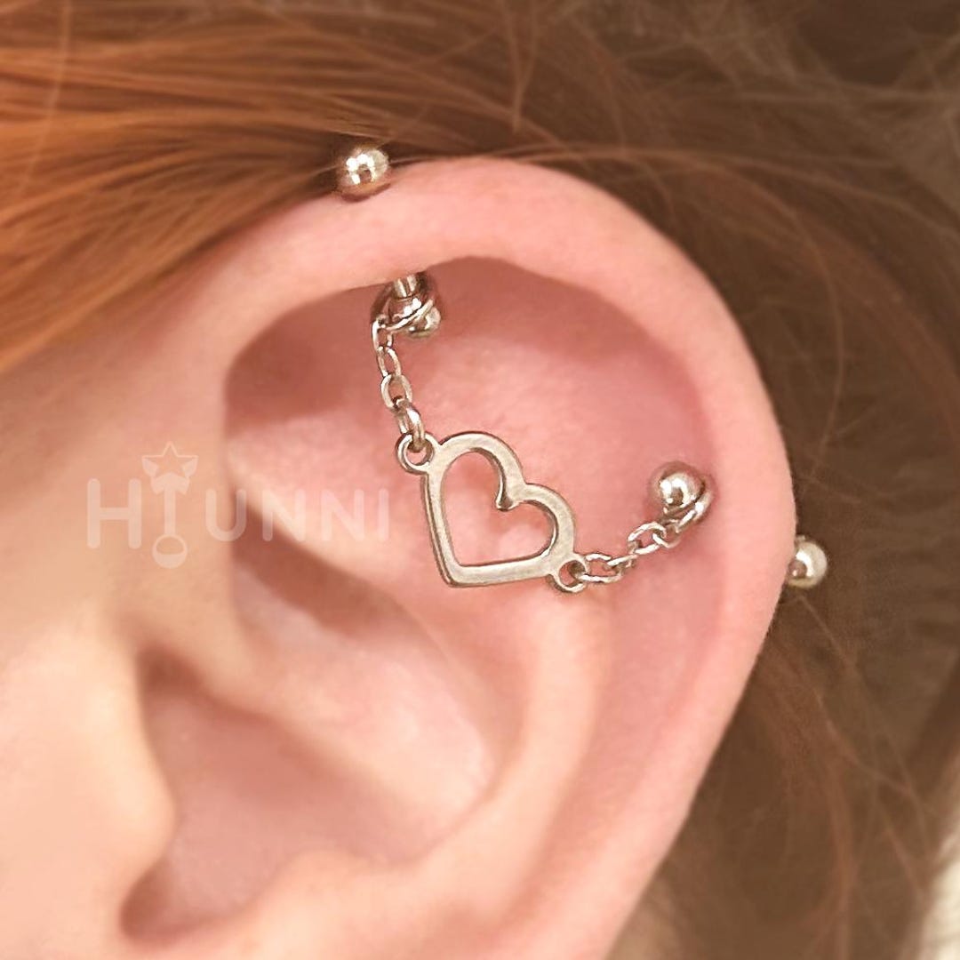 16g 14g Heart Chain Industrial Piercing Earring, Heart Industrial 2 Ear ...