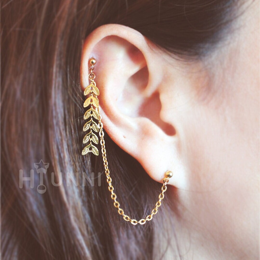 20g 16g Leaf Helix Chain Cartilage, 2 Bars Ear Studs, Helix Cartilage Earring, Leaves Helix to ...