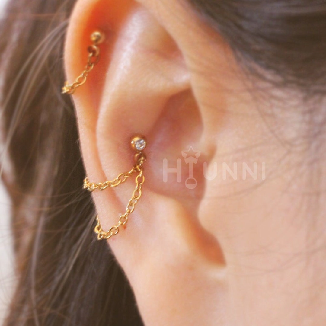 20g 16g Thin Double Chain Conch Ear Stud, Conch Hoop Double Chain Ring ...