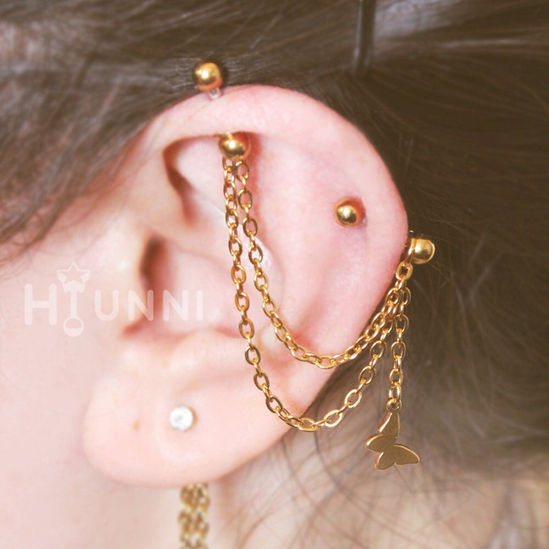 16g 14g Butterfly Chain Industrial Piercing Earring Double Chain 2 ...