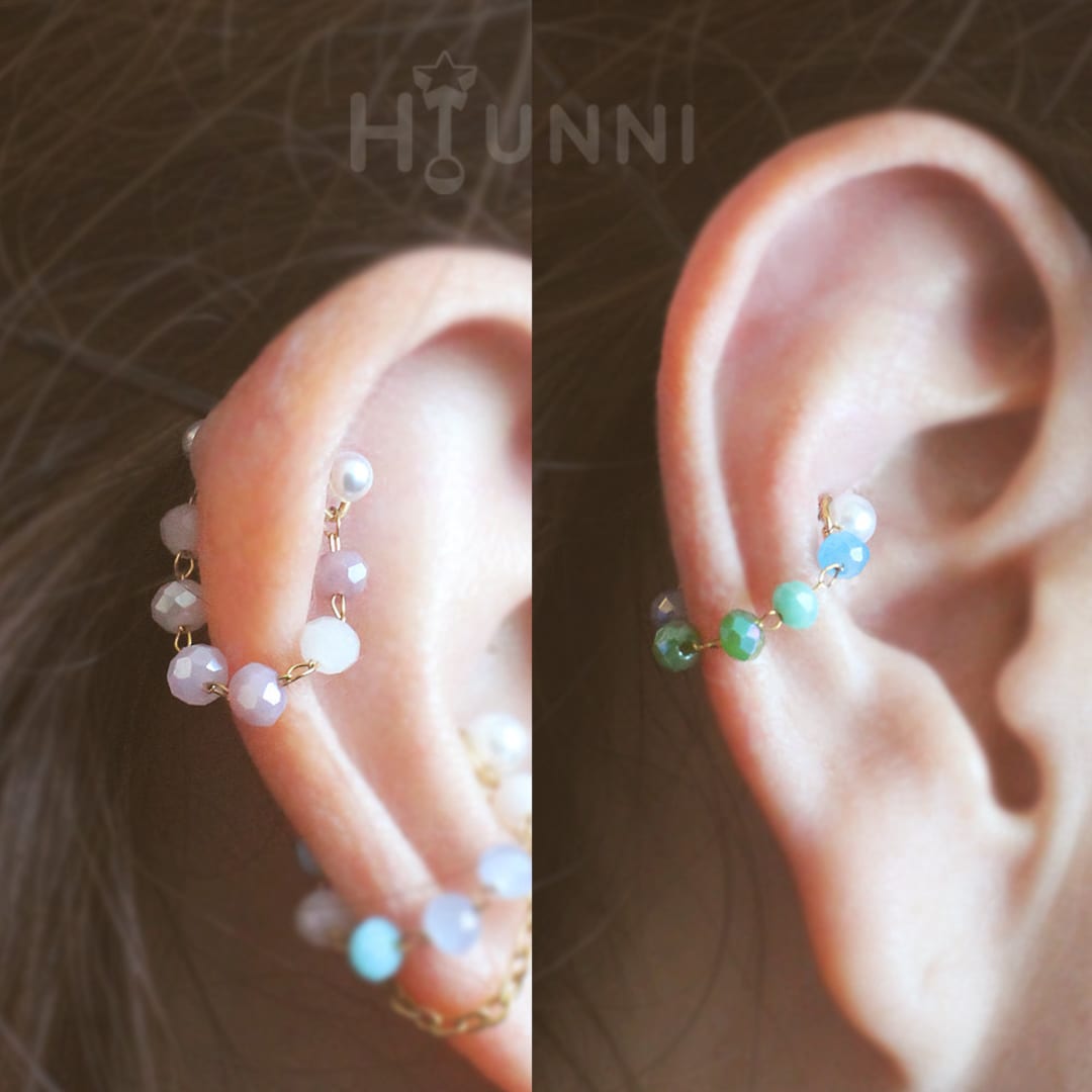 16g 14g Pearl Crystal Chain Conch Ear Stud, Pearl Conch Hoop Chain Ring ...