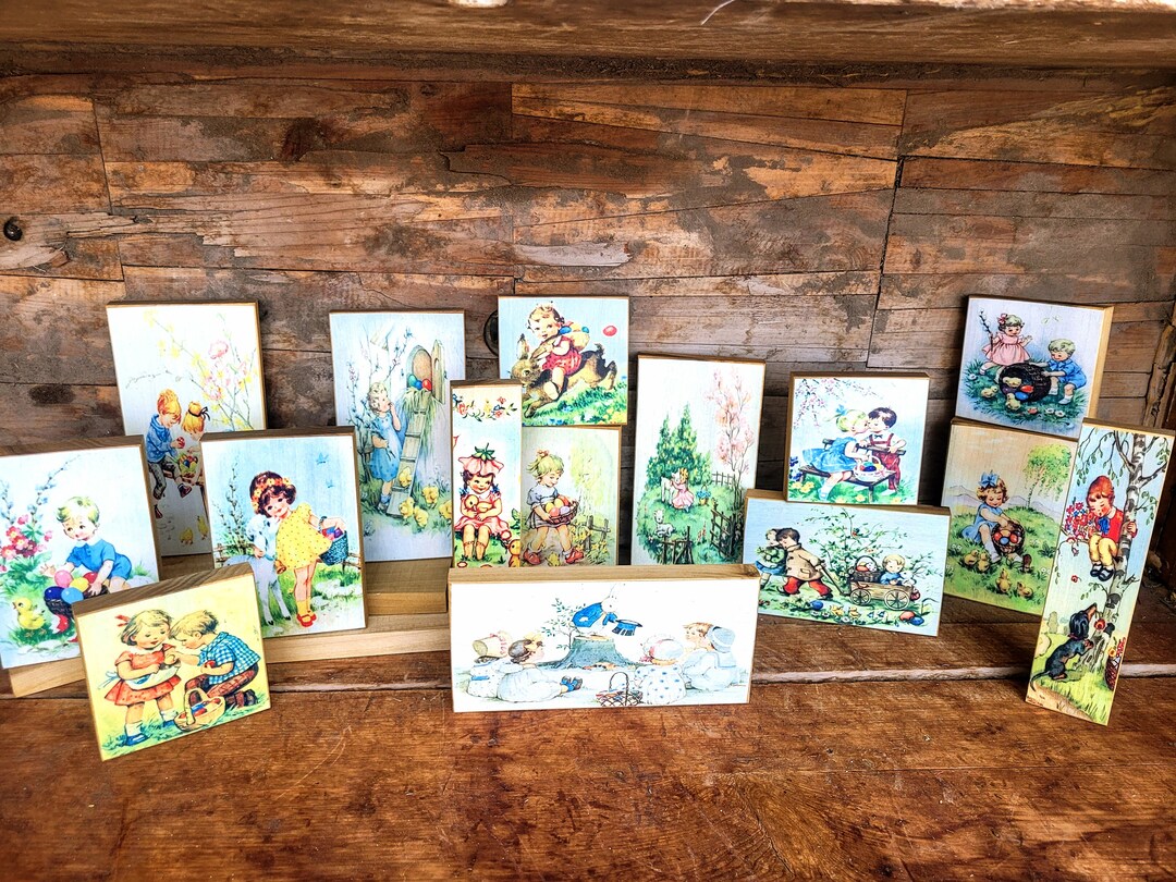 Vintage Easter Children Wood Blocks- Kids Easter Shelf Sitters- Easter ...