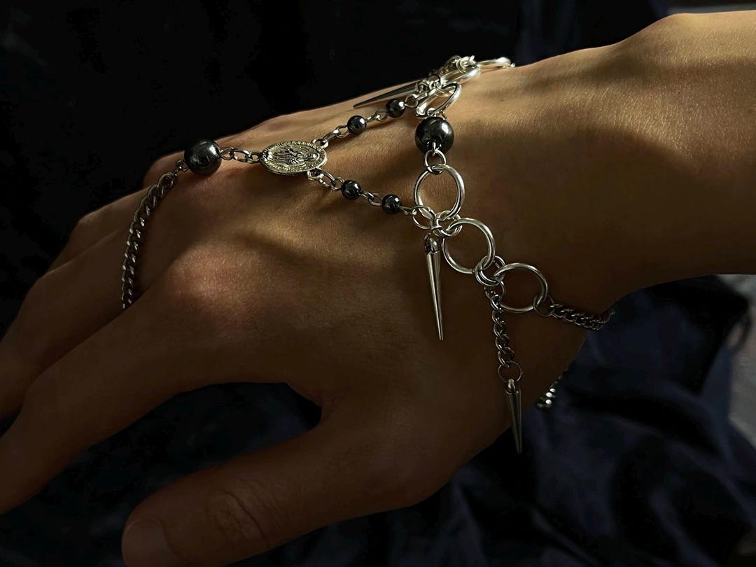 Spiked Beaded Finger Chain, Gothic Hematite Bracelet, Adjustable Finger ...