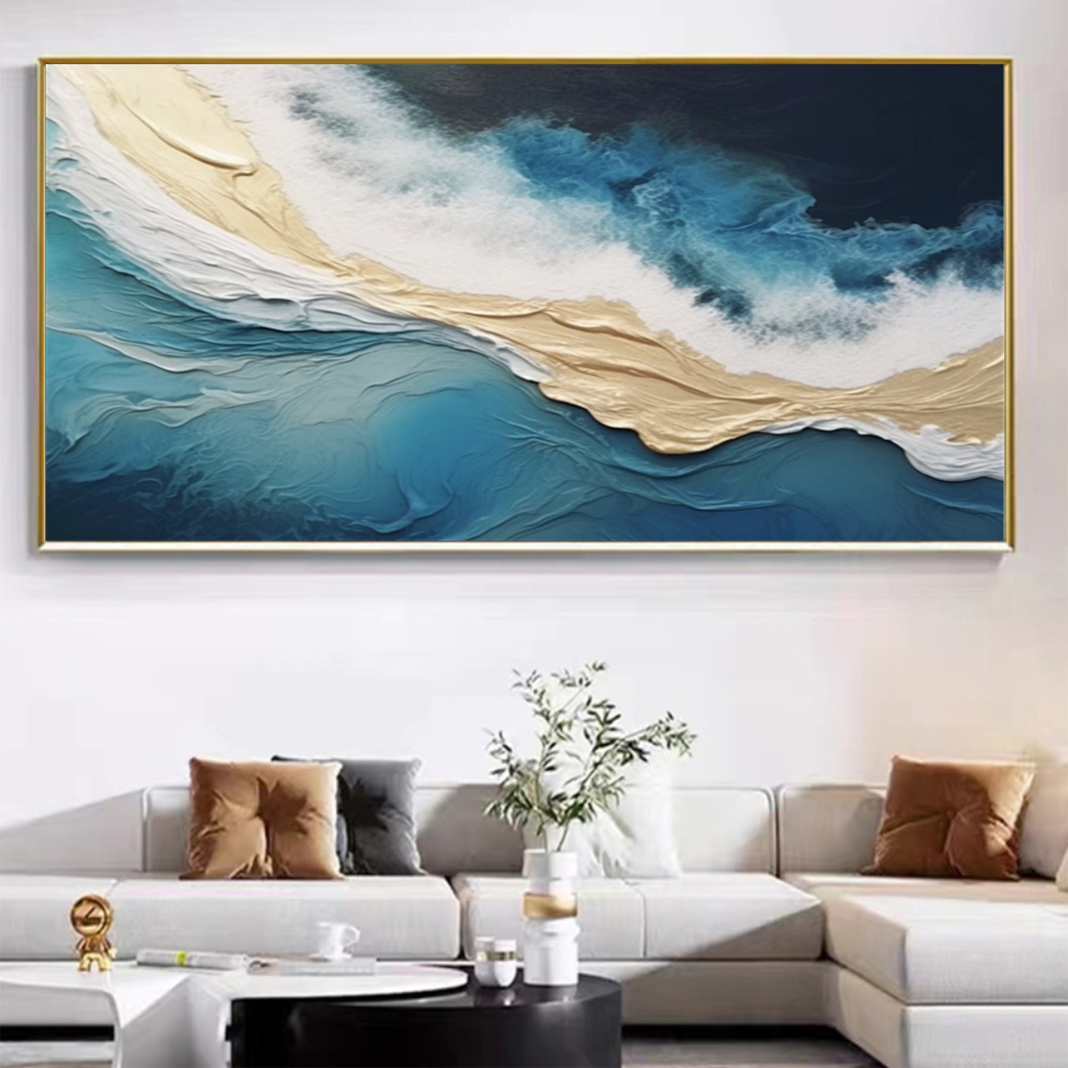 Blue Texture Wall Art 3D White Waves Art 3D Minimalist Ocean Painting ...