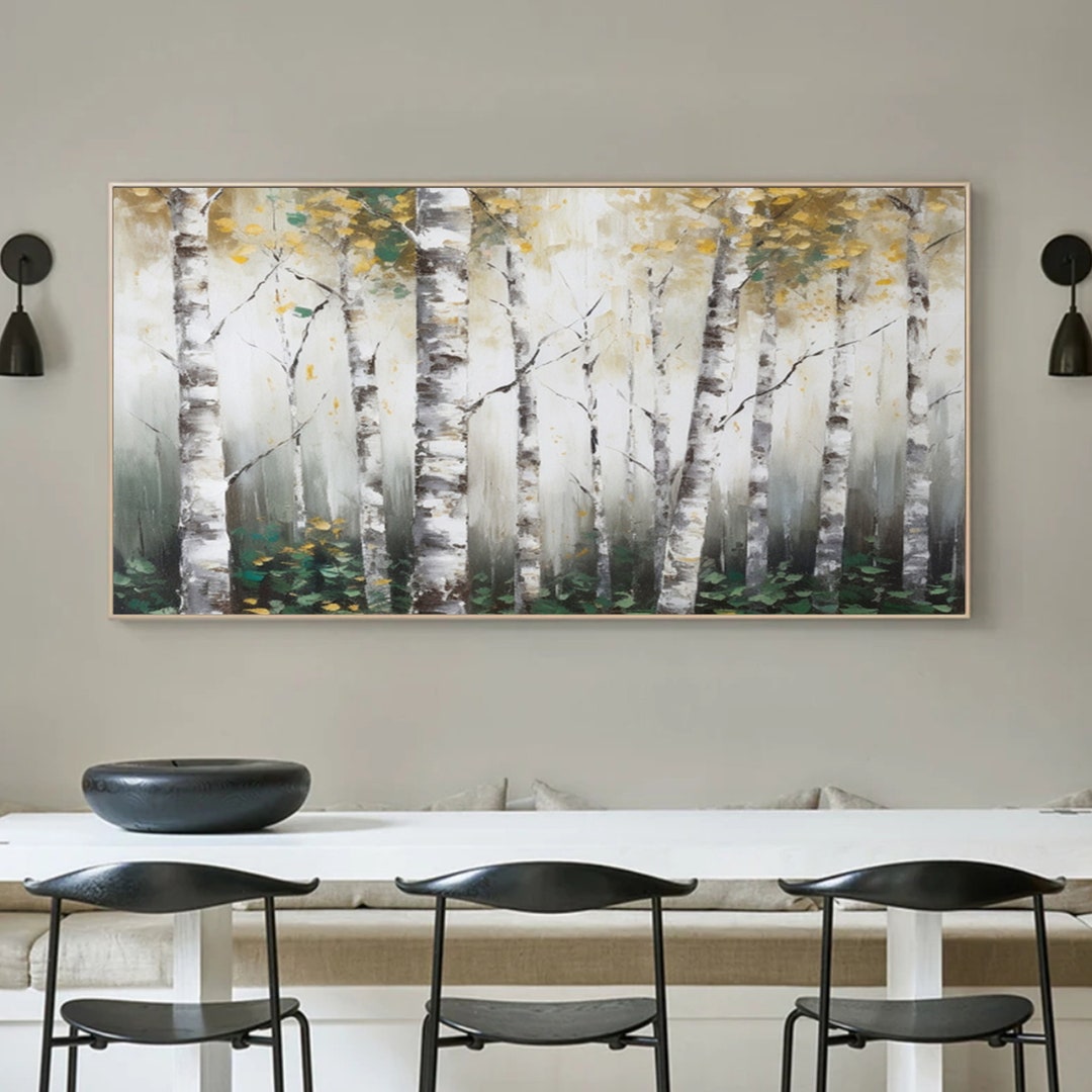 Birch Trees Wall Art White Abstract Forest Oil Painting on Canvas,green Tree Wall Art,original ...