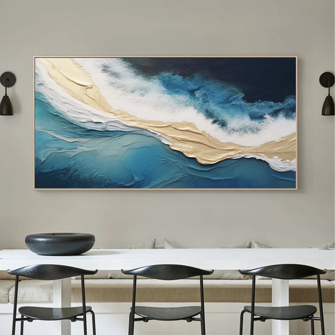 Blue Texture Wall Art 3D White Waves Art 3D Minimalist Ocean Painting on Canvas Waves Wall Art ...