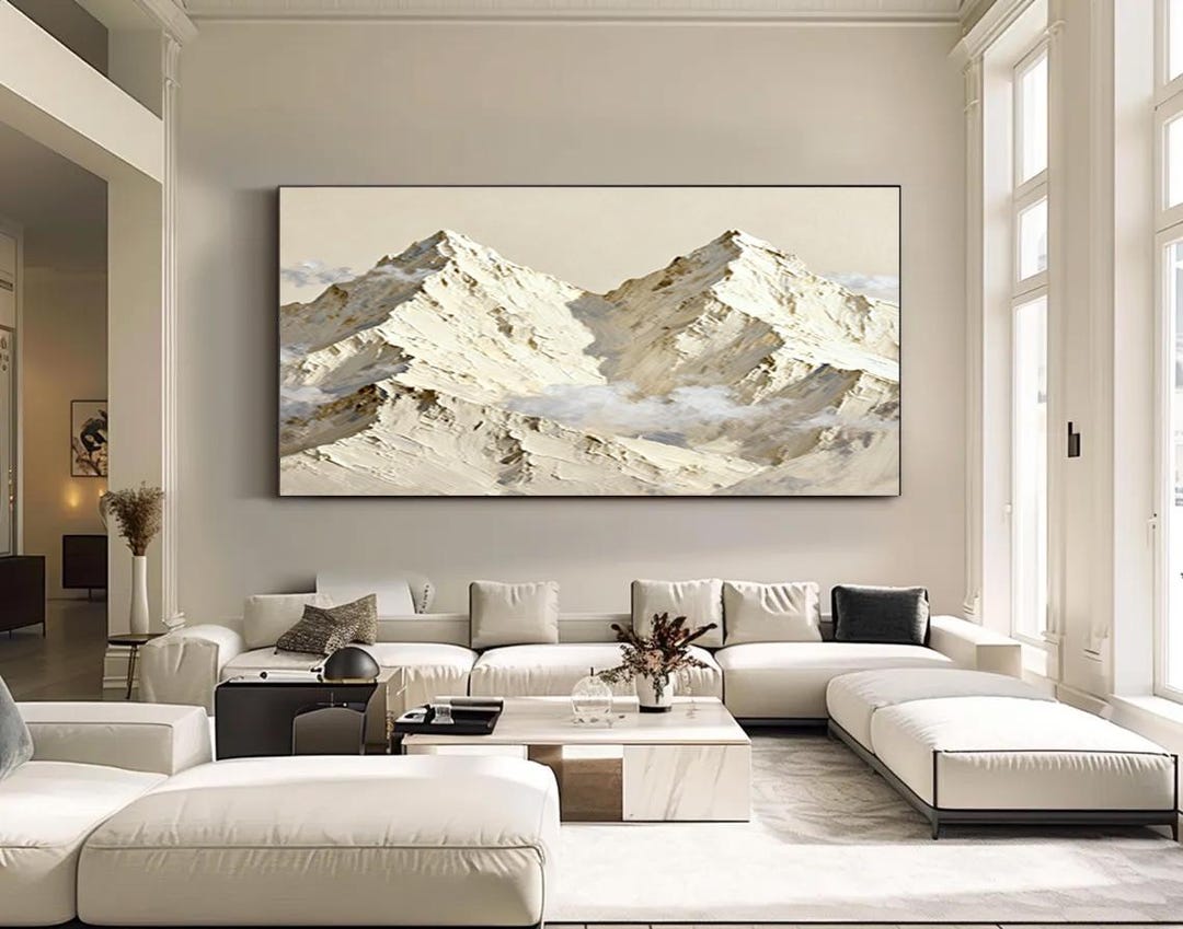 Extra Large 3D Textured Mountain Seascape Oil Painting - Abstract White ...