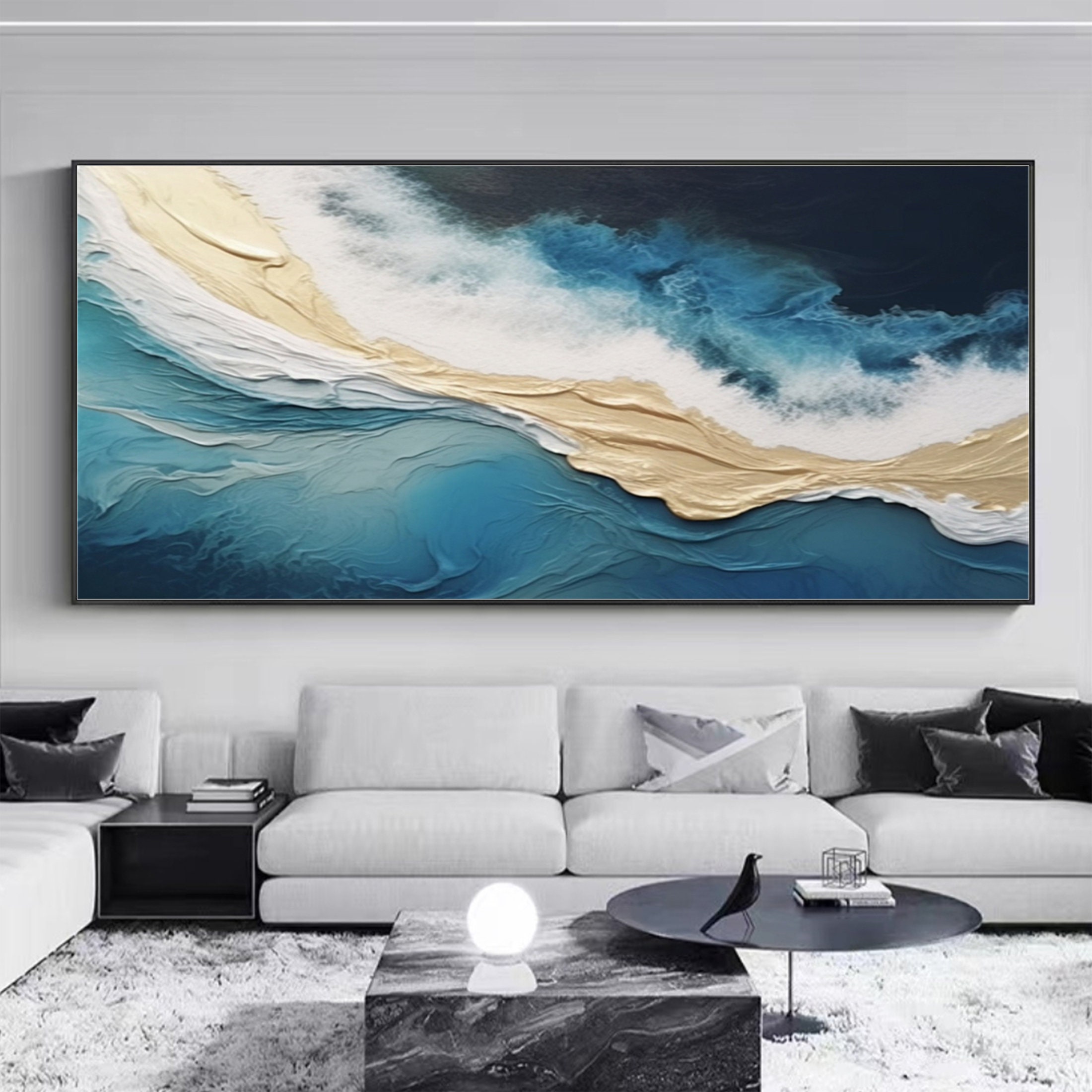Blue Texture Wall Art 3D White Waves Art 3D Minimalist Ocean Painting on Canvas Waves Wall Art ...
