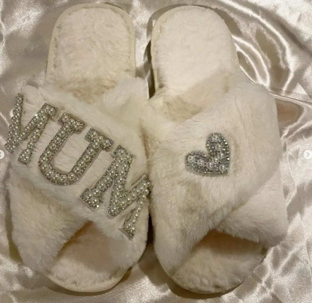 White Fluffy Mum Pearl and Diamanté Patch Slippers | Wedding ...