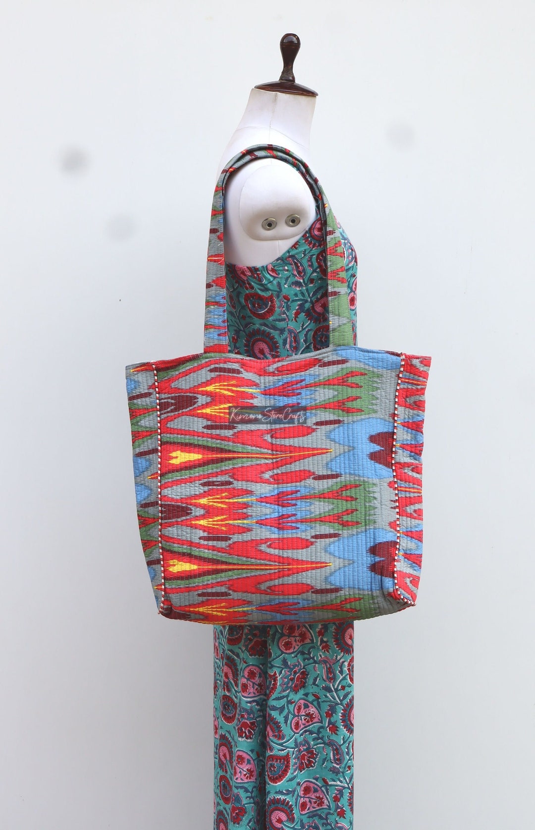 Handmade Quilted Tote Shopping Bag, Ikat Print Cotton Market Bag, Jhola ...