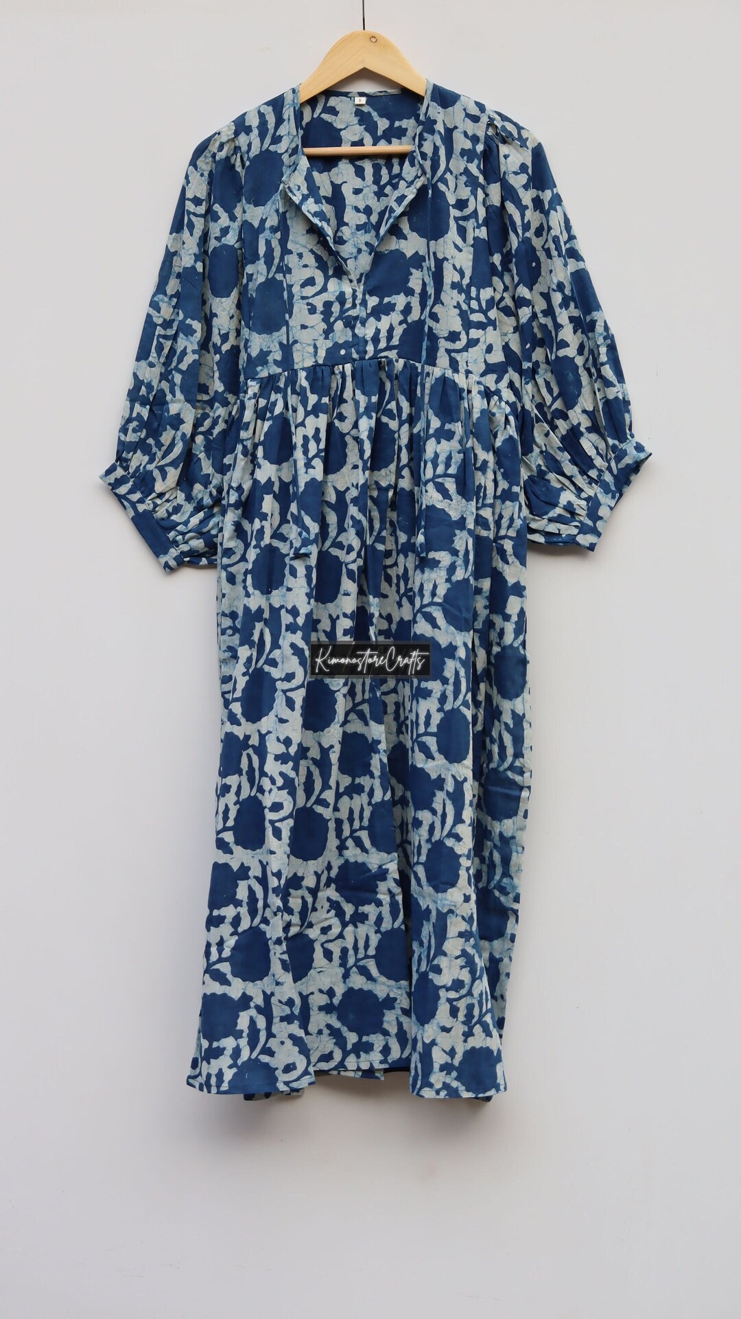 Natural Indigo Print Midi Dress, Mini Dress, Floral Dress, Deep Neck ...