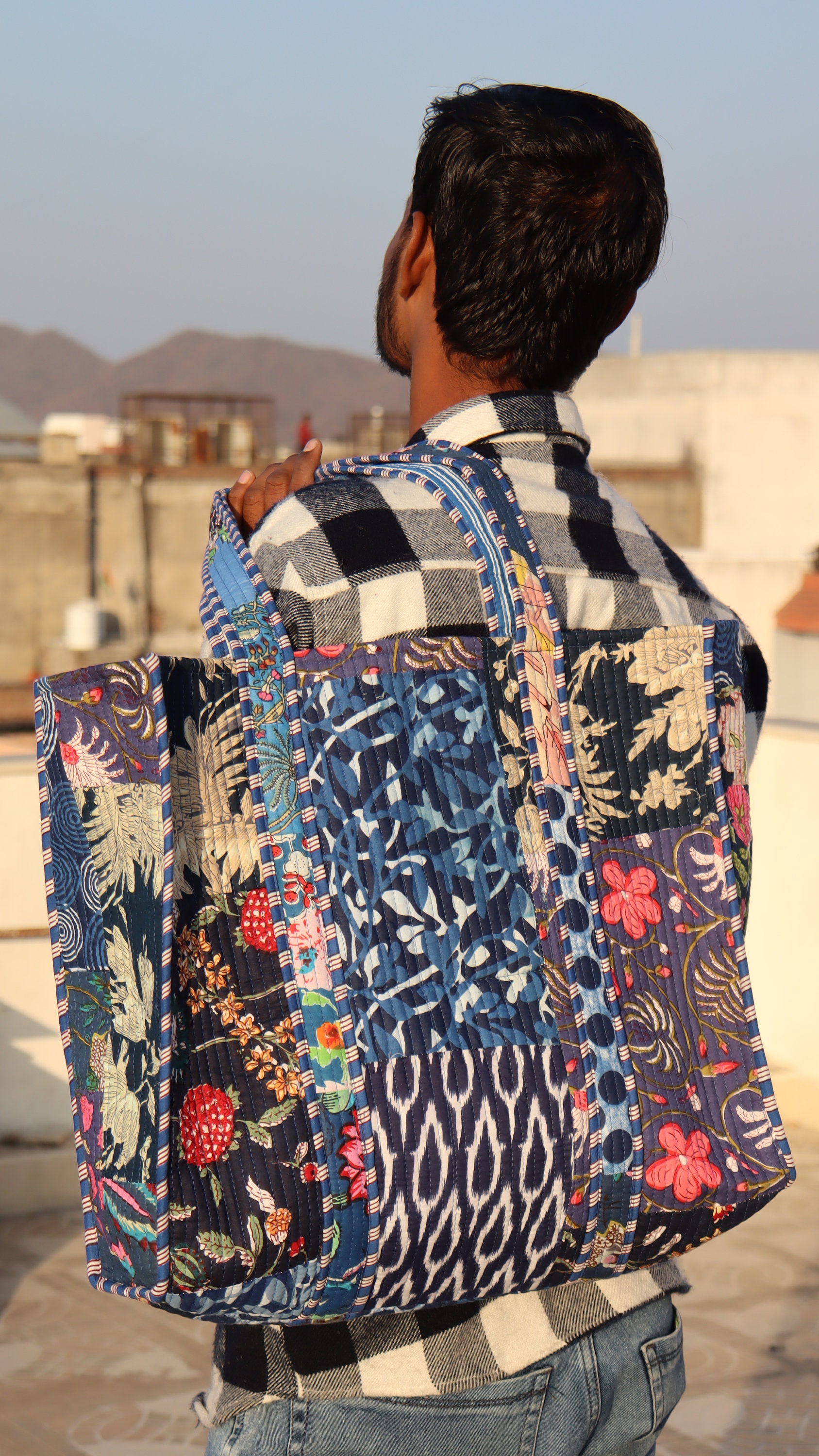 Handmade Quilted Patchwork Tote Shopping Bag, Floral Print Cotton ...