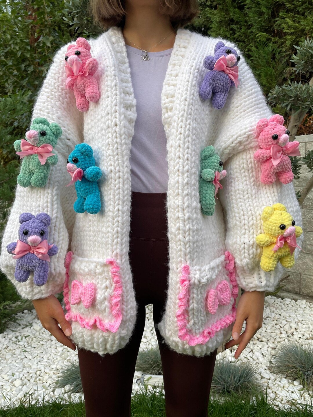Long Knit White Cardigan, Pastel Teddy Bear Cardigan, Teddy Bear Jacket ...