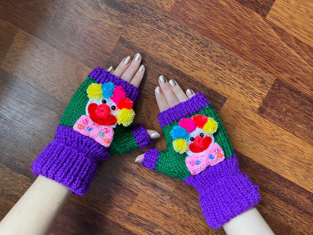 Knit Clown Fingerless Gloves, Cute Clown Mittens, Colorful Fun Winter ...