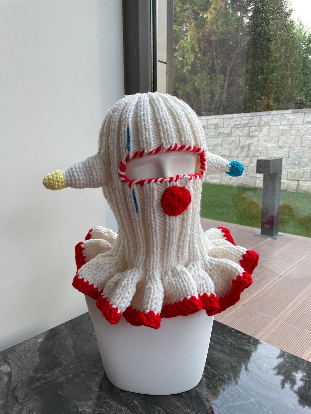 Knit White Clown Balaclava Hat, Clown Core Ski Mask, Jester Harlequin ...