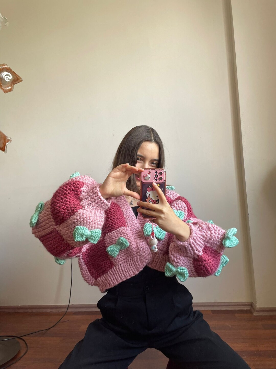 Knit Chunky Pink Coquette Bow Cardigan, Coquette Sweater With Mint ...