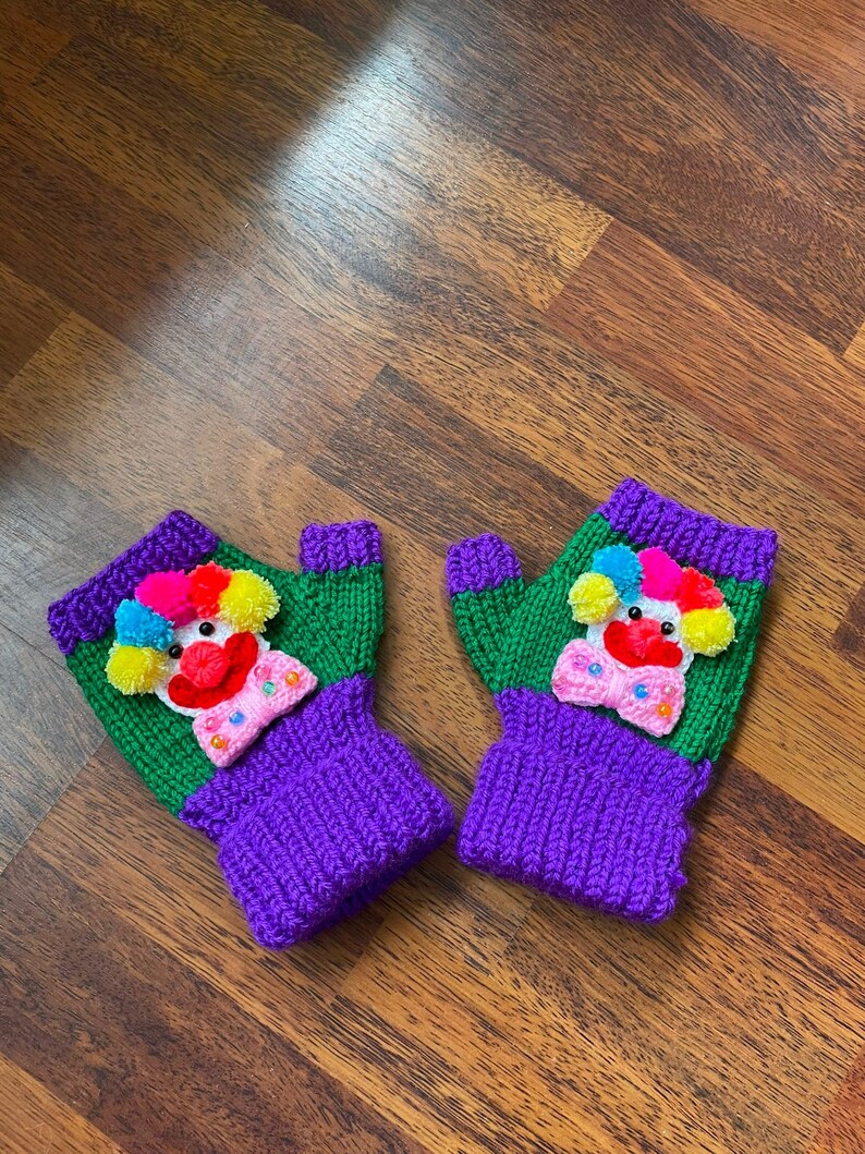 Knit Clown Fingerless Gloves, Cute Clown Mittens, Colorful Fun Winter ...