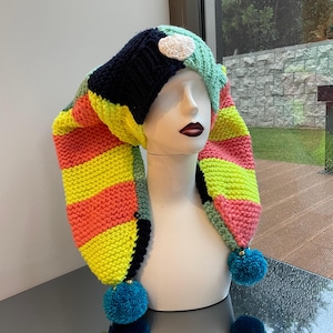 Knit Fizzarolli Hat, Long Jester Harlequin Hat, Clown Jester Hat, Funny ...