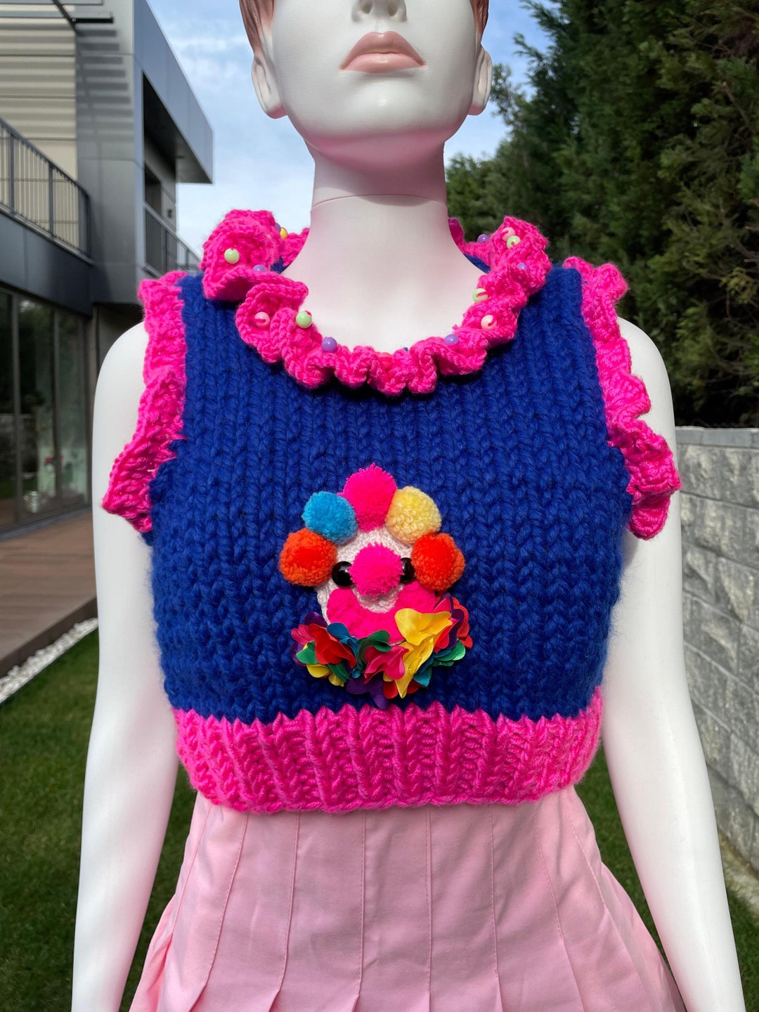 Knit Colorful Clown Vest, Clown Core Crop Sweater, Clown Sweater With ...