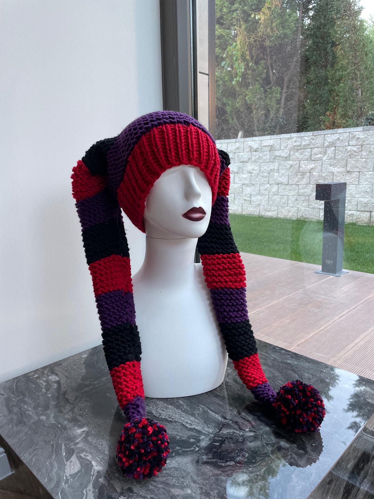 Knit Long Jester Harlequin Hat, Gothic Clown Jester Hat, Black Red ...