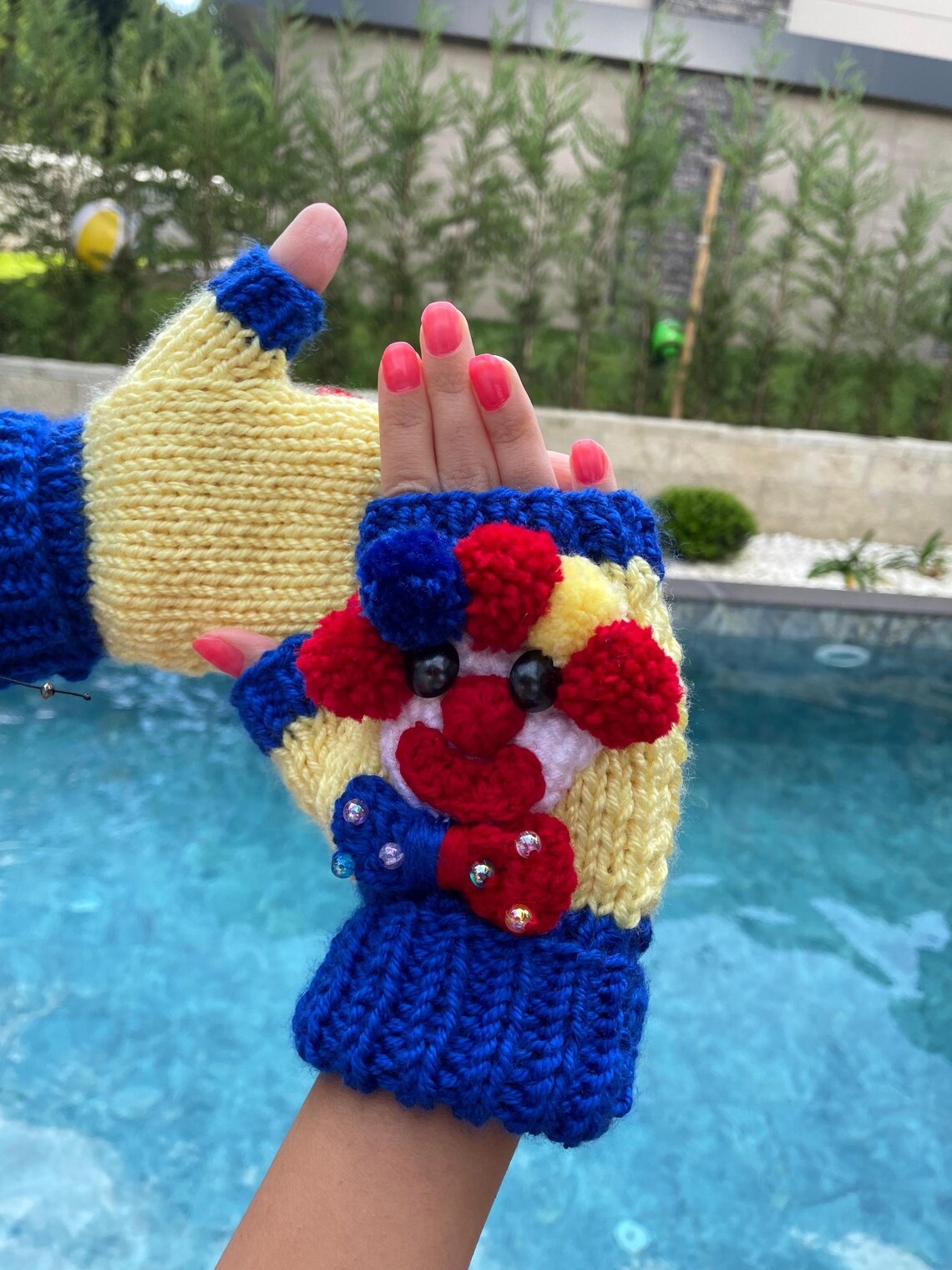 Knit Clown Fingerless Gloves, Pompom Clown Mittens, Colorful Funny ...