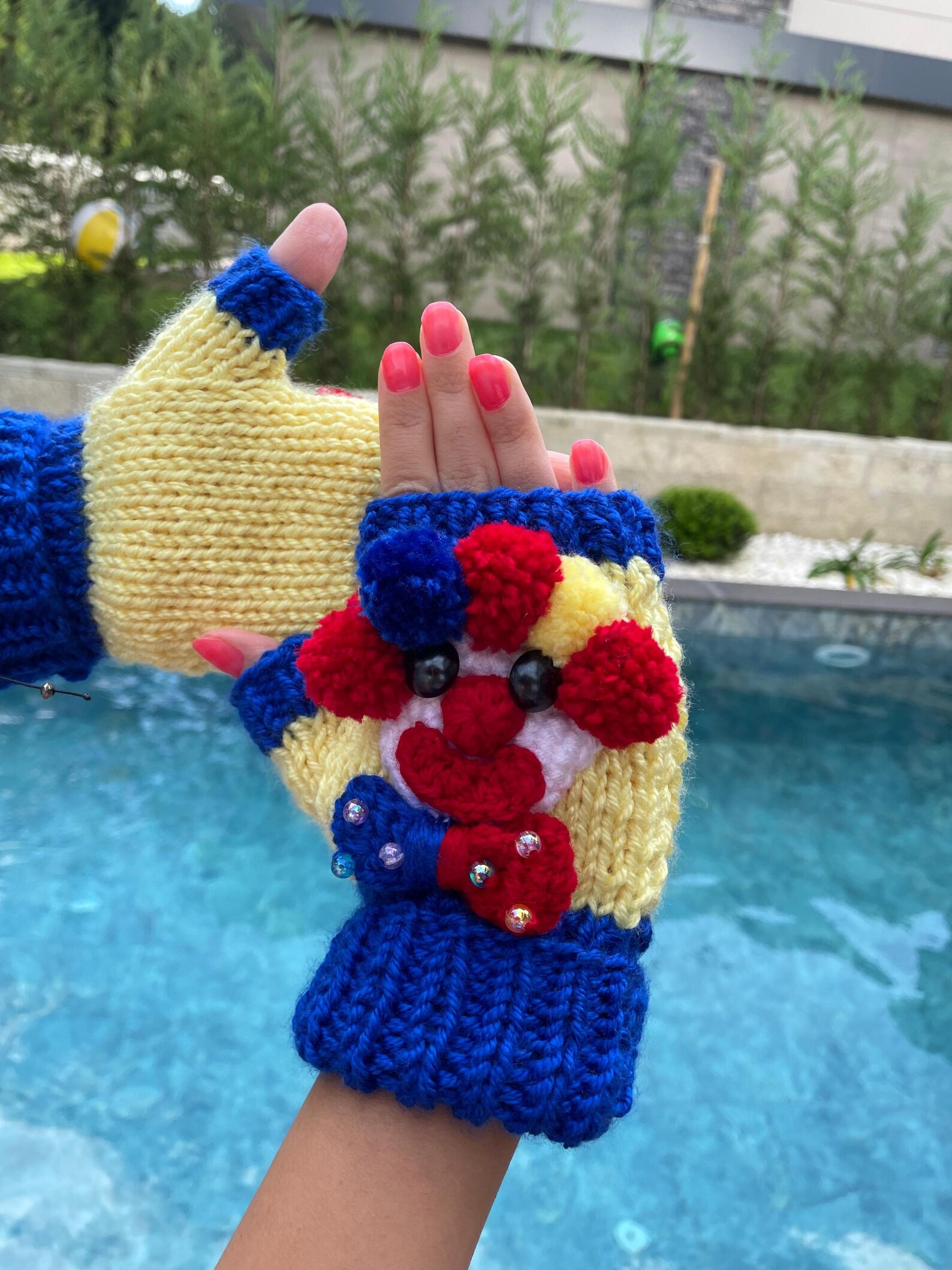 Knit Clown Fingerless Gloves, Pompom Clown Mittens, Colorful Funny ...