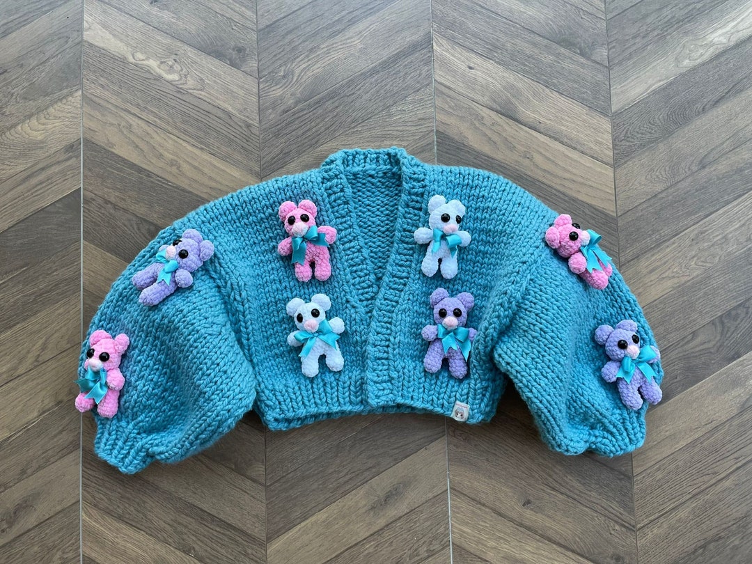 Knit Chunky Blue Teddy Bear Cardigan, Coquette Kawaii Plush Bear ...