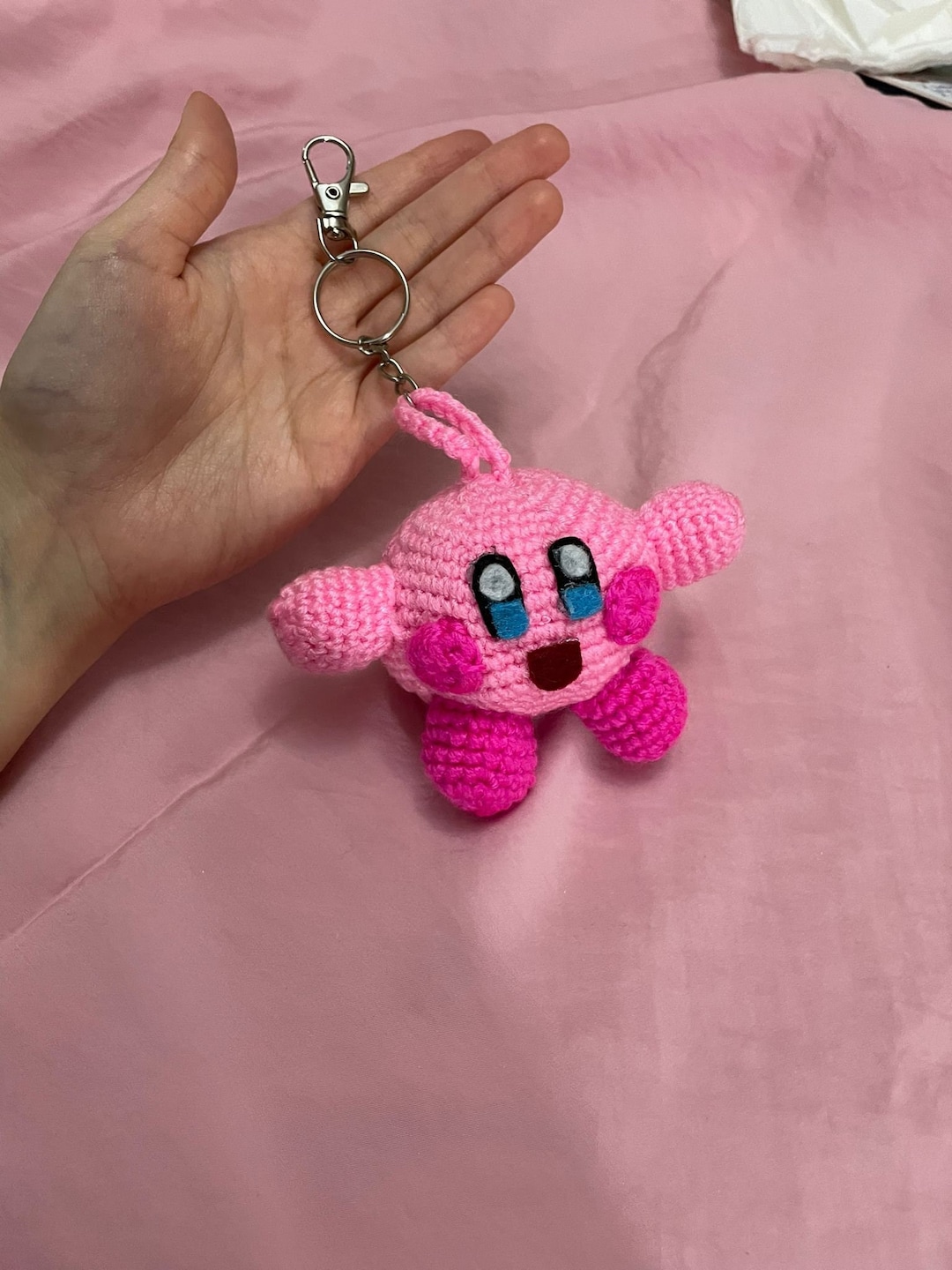 Knit Kirby Keychain, Cute Kirby Keyring, Pink Keychain, Kawaii Keychain ...