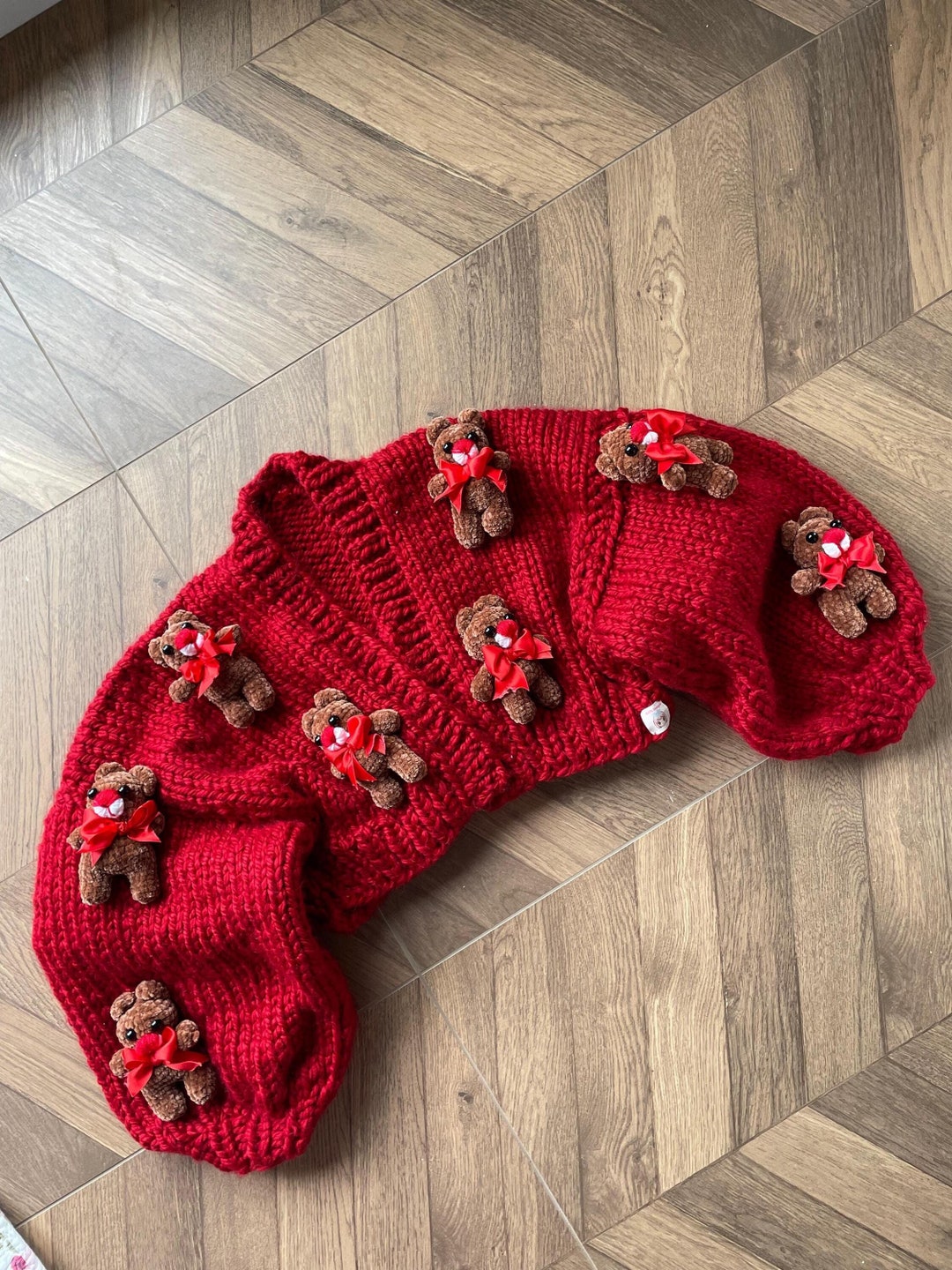 Chunky Knit Red Cardigan, Teddy Bear Cardigan, Teddy Bear Jacket, Bear ...