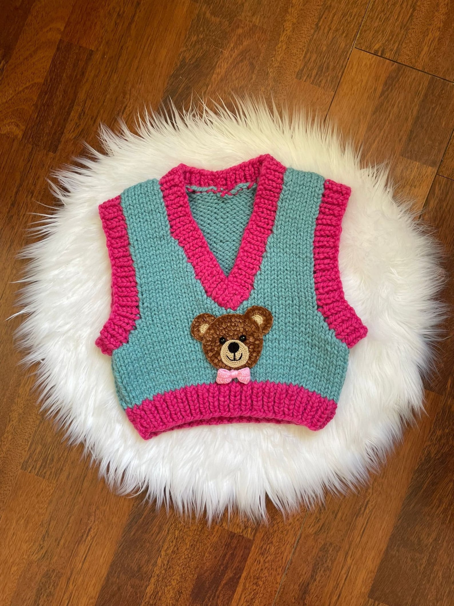 Knit Chunky Bear Vest, Cute Teddy Bear Vest, Bear Crop Sweater, Blue ...