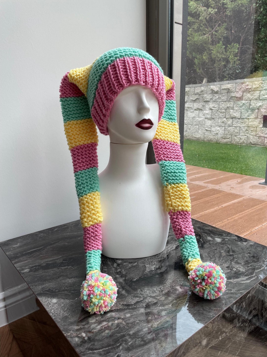 Knit Long Jester Harlequin Hat, Kawaii Pastel Clown Jester Hat, Cute ...