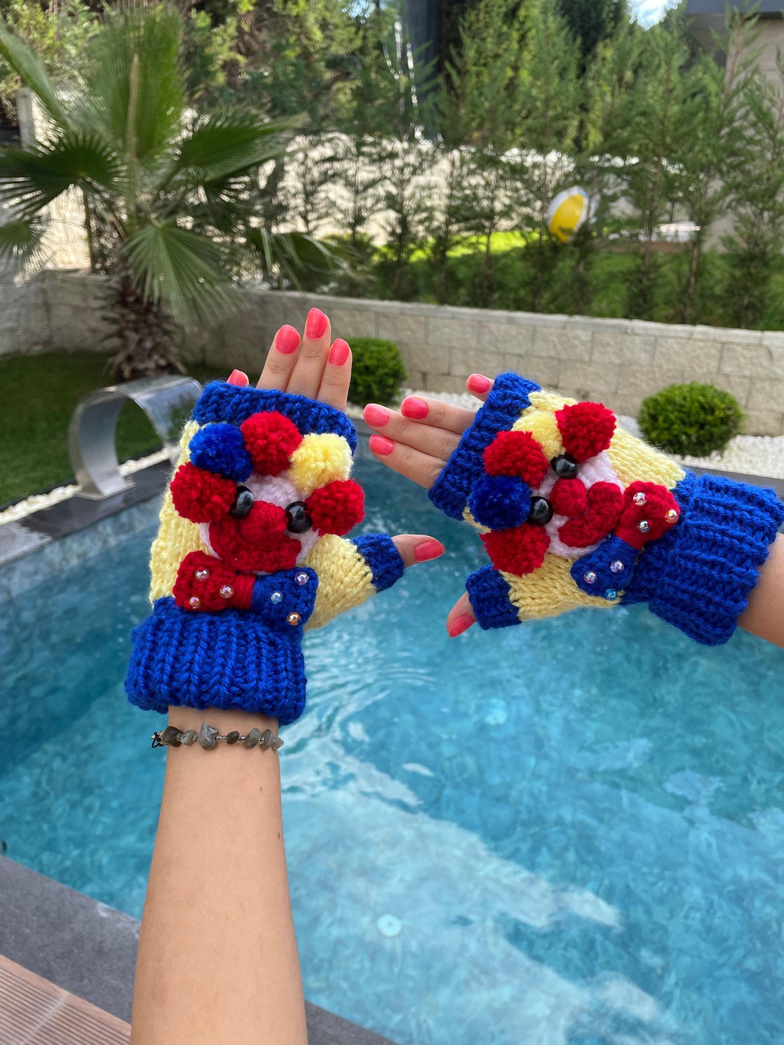 Knit Clown Fingerless Gloves, Pompom Clown Mittens, Colorful Funny ...