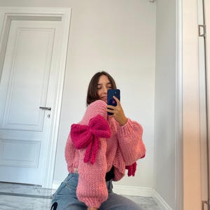 Chunky Pink Bow Coquette Cardigan, Cute Chunky Coquette Pink Cardigan ...