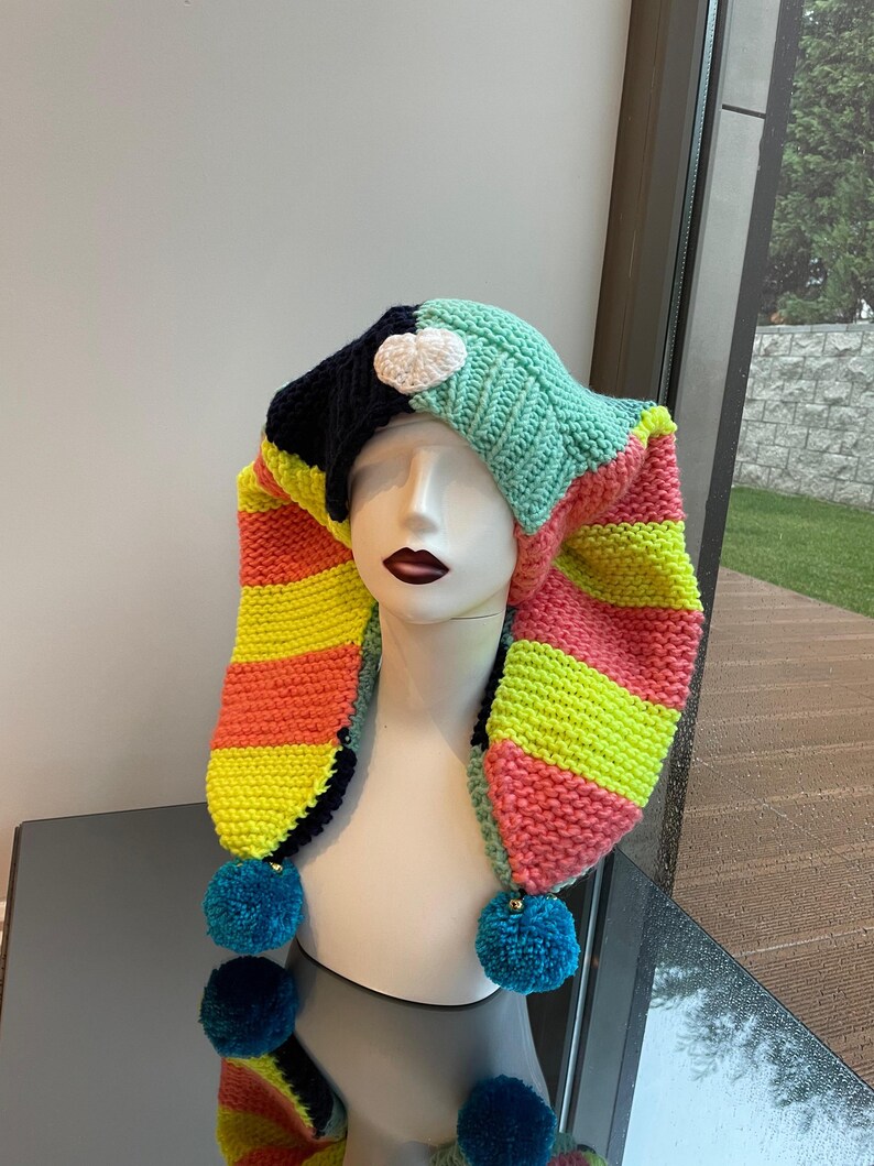 Knit Fizzarolli Hat, Long Jester Harlequin Hat, Clown Jester Hat, Funny ...