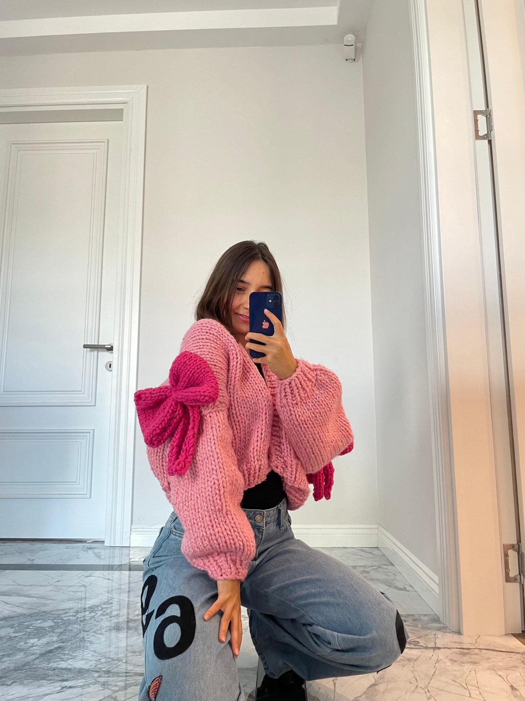 Chunky Pink Bow Coquette Cardigan, Cute Chunky Coquette Pink Cardigan ...