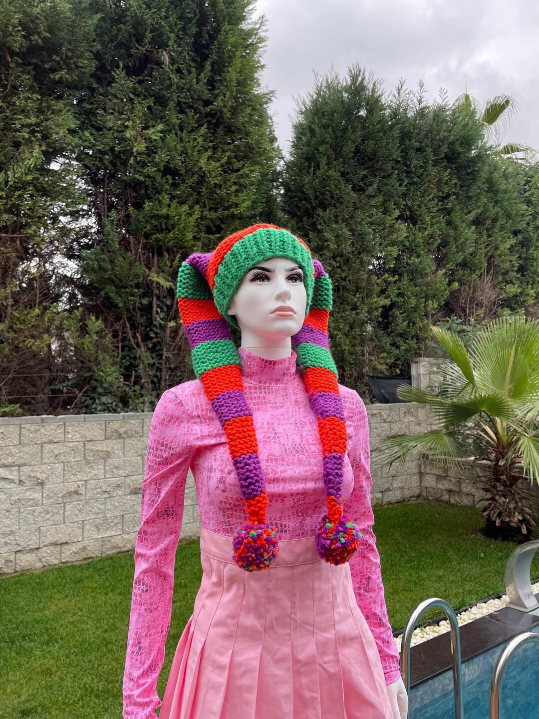 Knit Long Jester Harlequin Hat, Clown Core Cosplay Hat, Green Orange ...