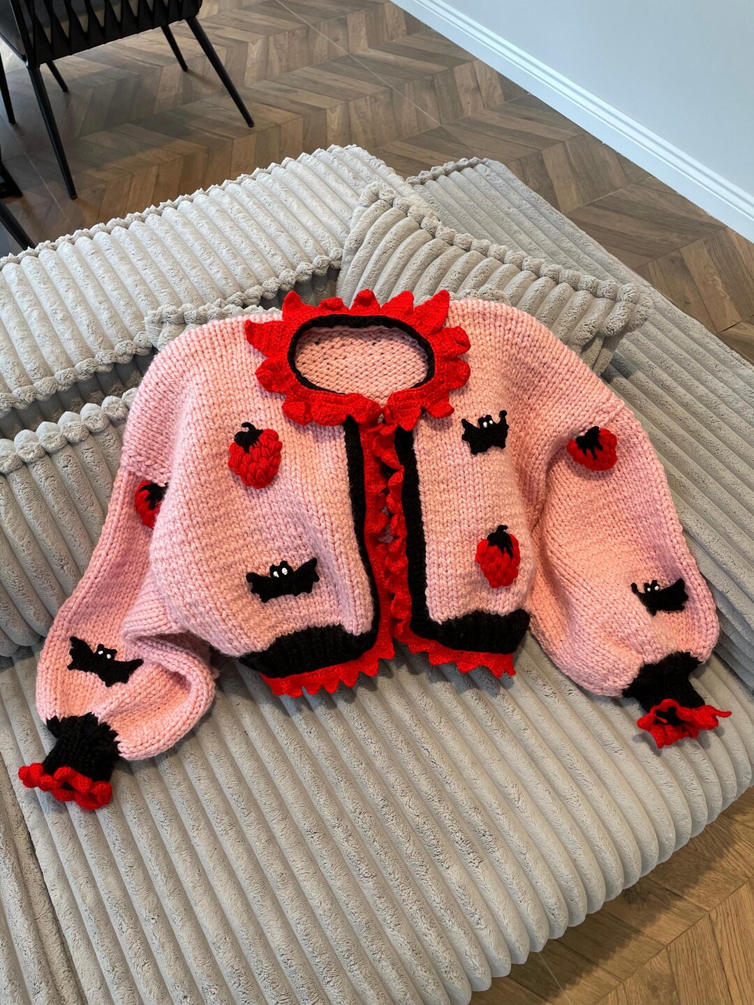 Knit Pink Bat and Strawberry Cardigan With Collar, Black Gothic Style ...