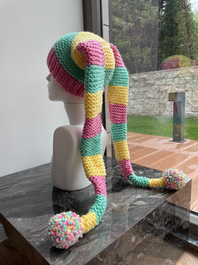 Knit Long Jester Harlequin Hat, Kawaii Pastel Clown Jester Hat, Cute ...