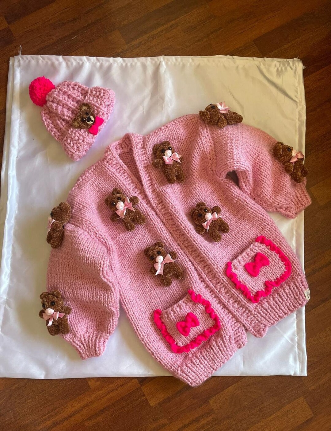 Pink Coquette Teddy Bear Long Cardigan Set, Bow Teddy Bear Cardigan and ...