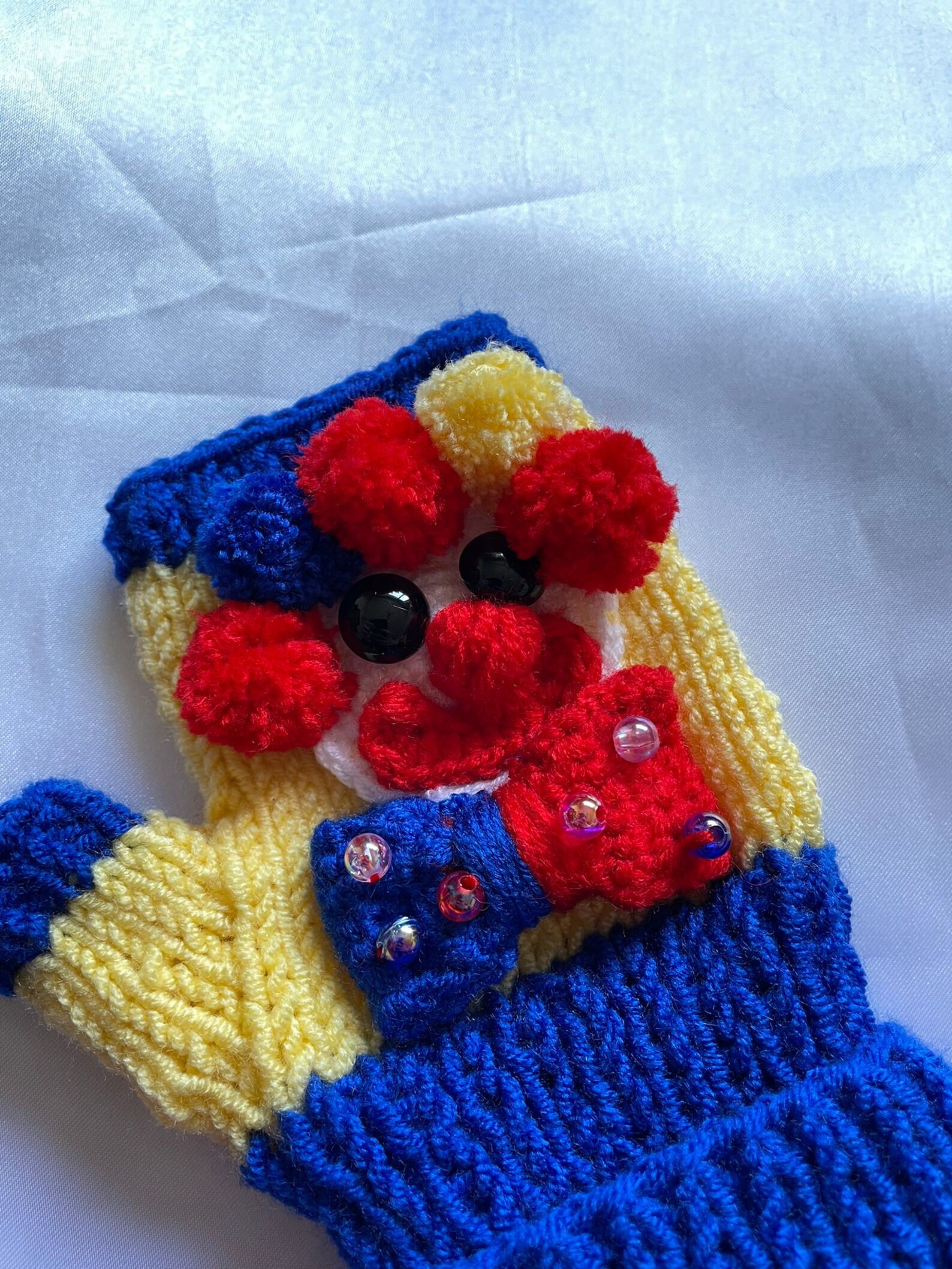 Knit Clown Fingerless Gloves, Pompom Clown Mittens, Colorful Funny ...