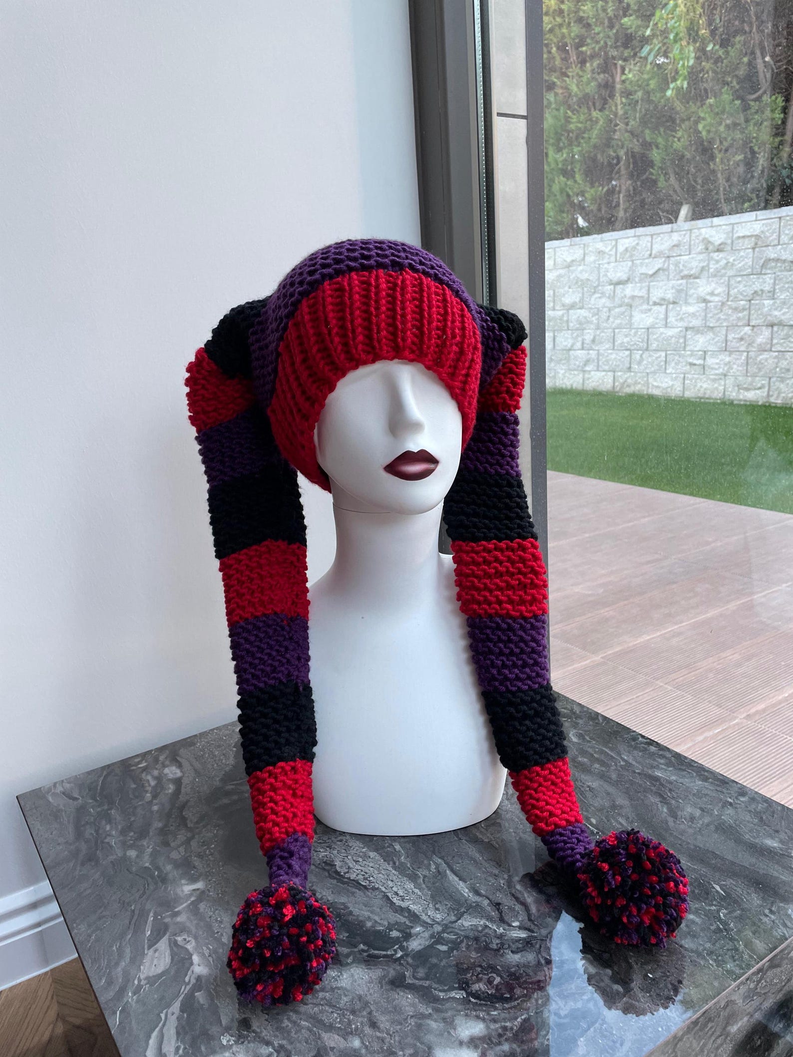 Knit Long Jester Harlequin Hat, Gothic Clown Jester Hat, Black Red ...