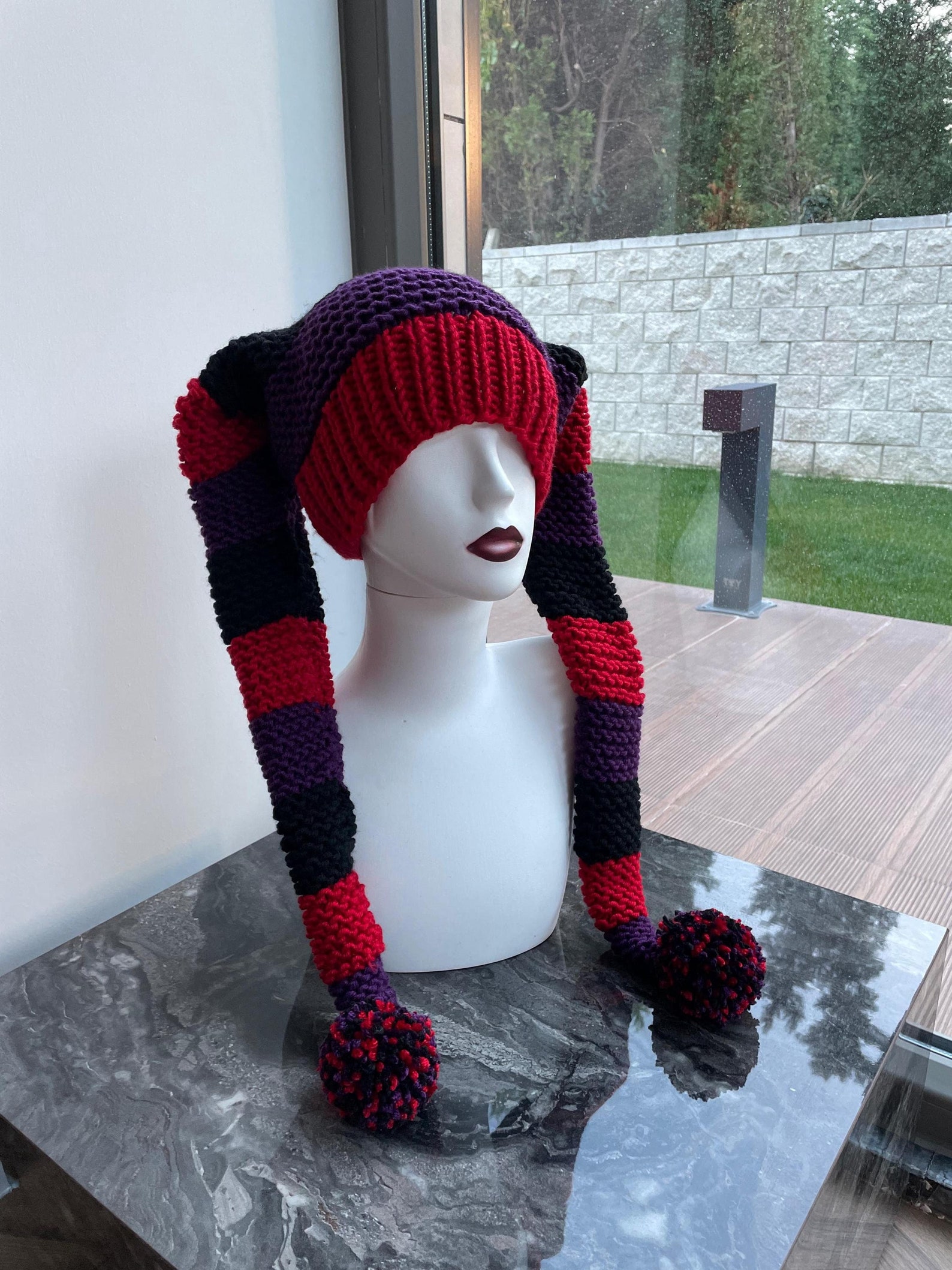 Knit Long Jester Harlequin Hat, Gothic Clown Jester Hat, Black Red ...