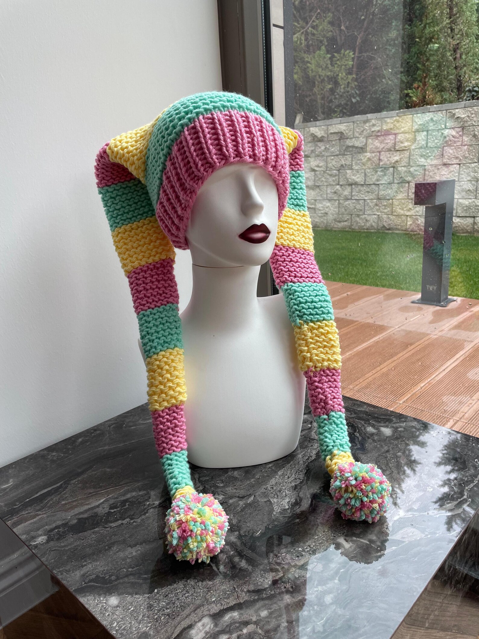 Knit Long Jester Harlequin Hat Kawaii Pastel Clown Jester Hat Cute Candy Hat Funny Jester