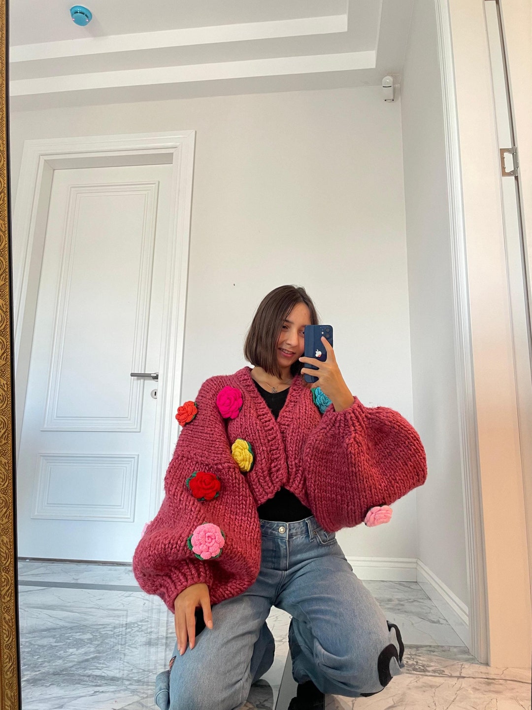 Knit Jumbo Rose Cardigan, Pink Colorful Chunky Rose Cardigan, Rose ...