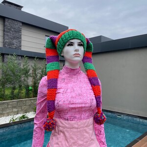 Knit Long Jester Harlequin Hat, Clown Core Cosplay Hat, Green Orange ...